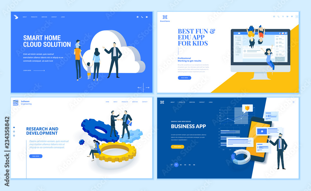 Set of flat design web page templates of business apps, research and ...