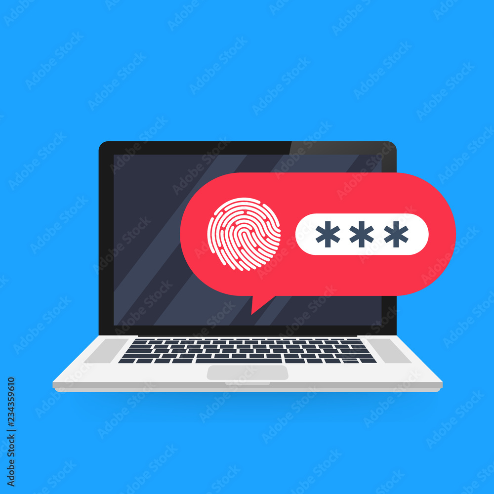 Laptop with unlocked password bubble notification, flat cartoon design ...