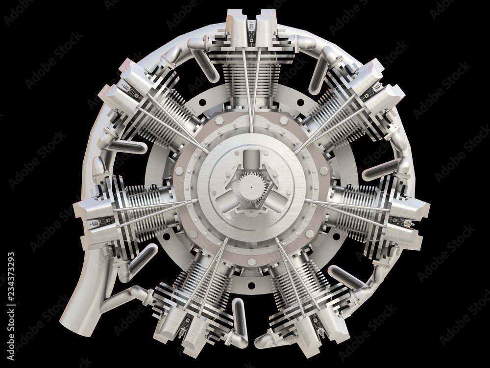Old circular aircraft internal combustion engine. 3d rendering. Stock ...