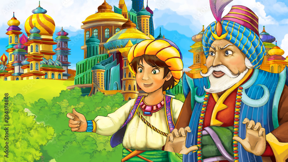 cartoon scene with medieval arabic kingdom prince and king traveling ...