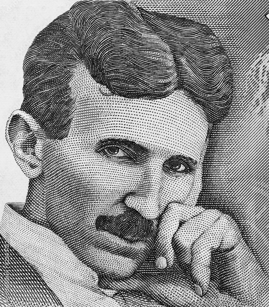 Nikola Tesla portrait on Serbia 100 dinars banknote close up macro ...