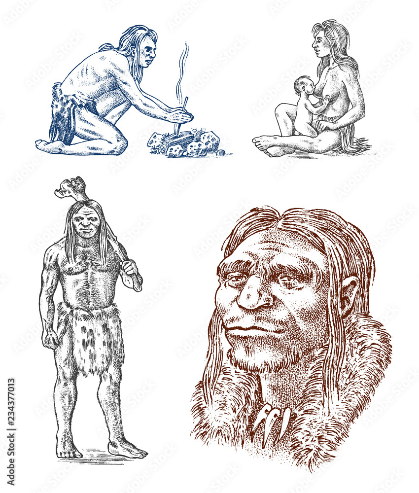 Primitive people. Prehistoric period, ancient tribe, cave barbarian man ...