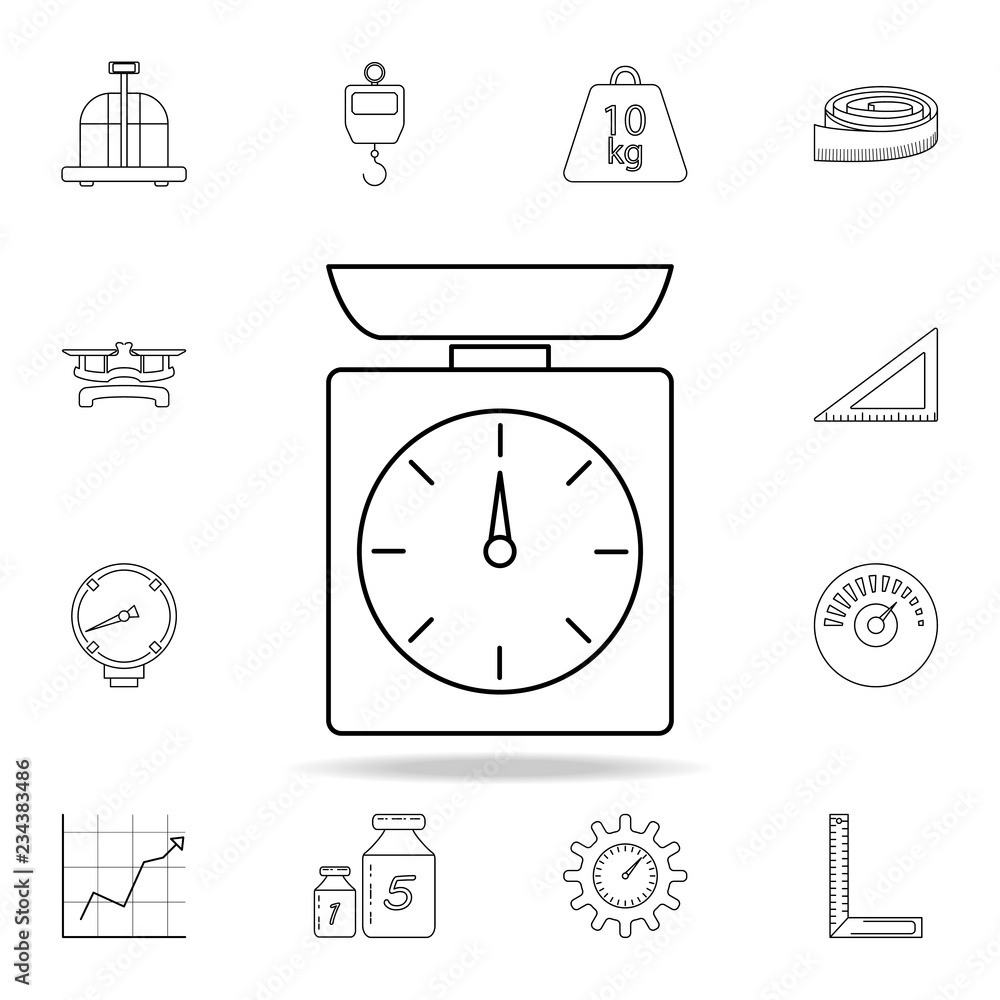 mechanical balance with an arrow icon. Detailed set of measuring ...