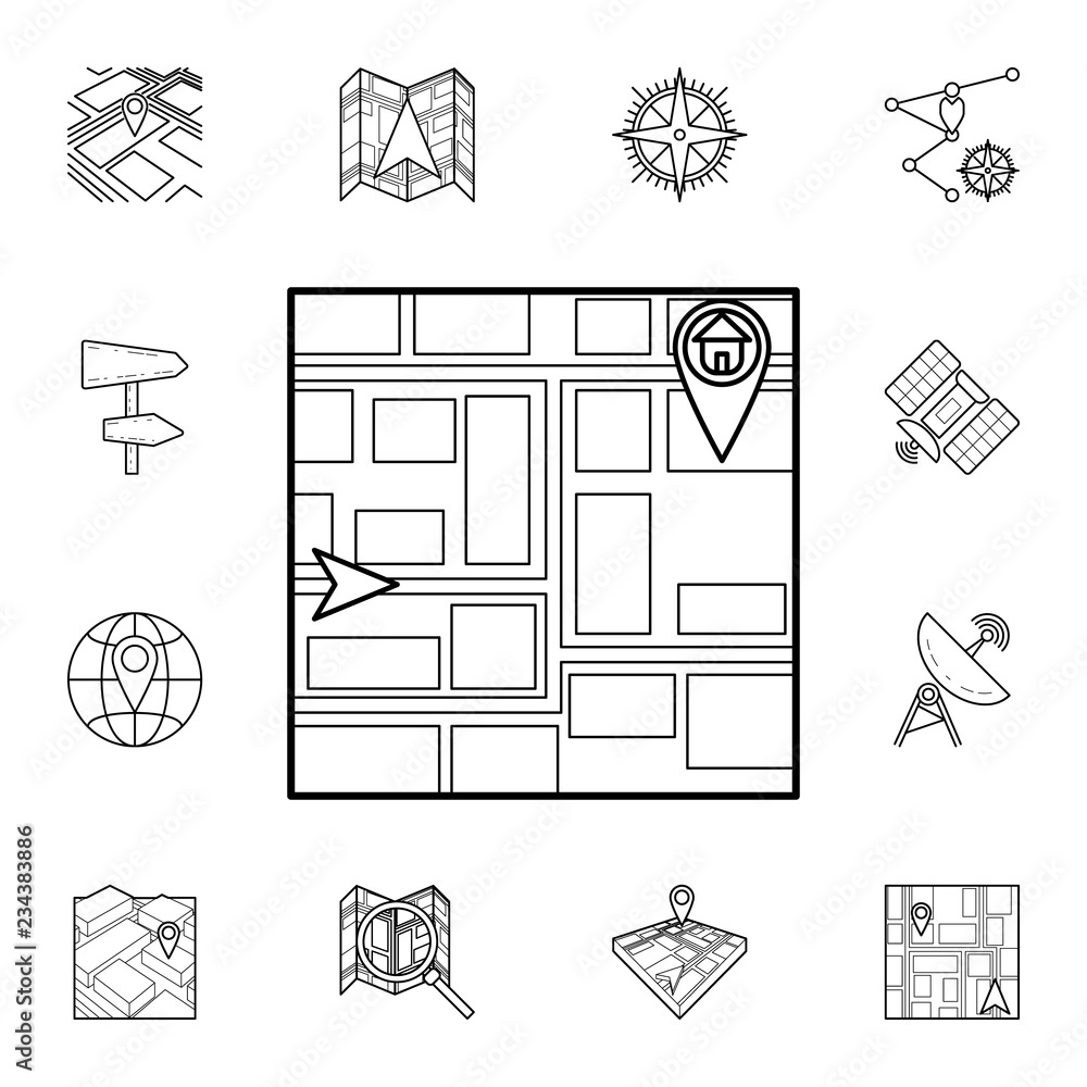 cursor and pin building on the map icon. Detailed set of navigation ...