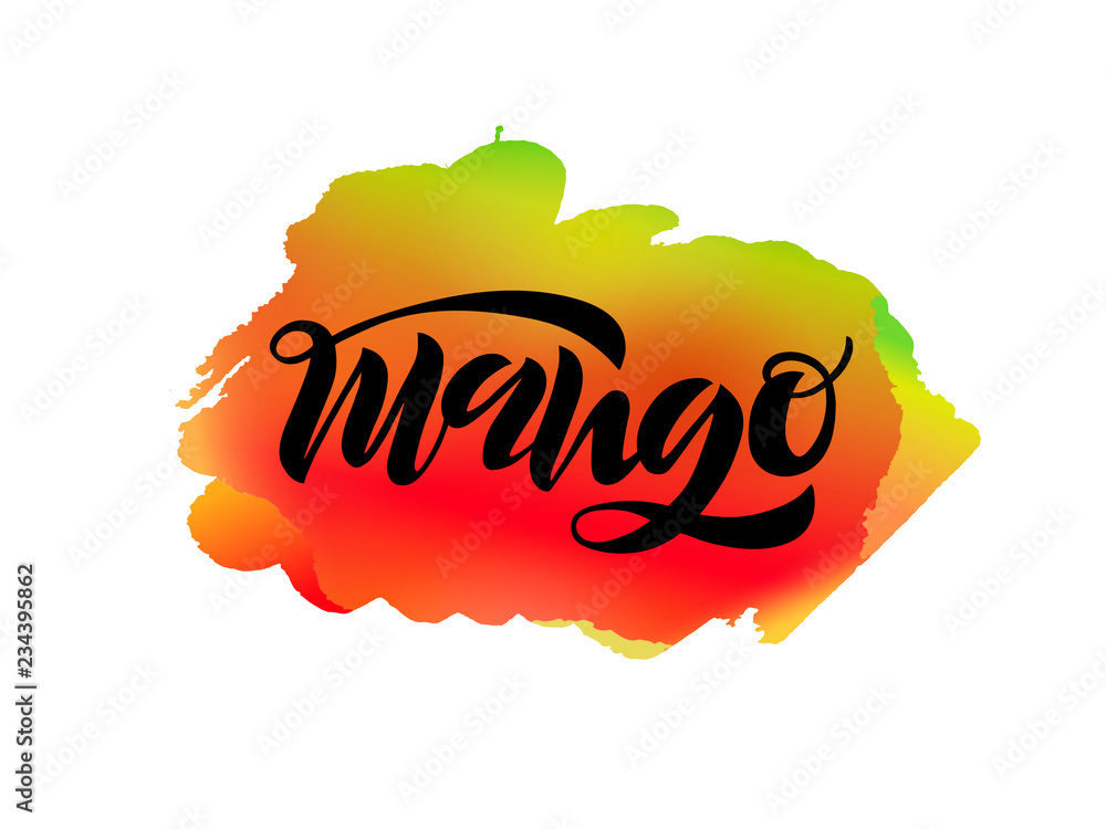 vector illustration of lettering of mango on watercolor texture Stock ...