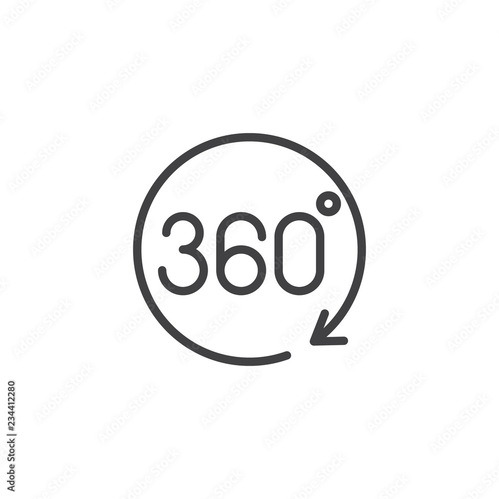Angle 360 degrees rotation outline icon. linear style sign for mobile ...