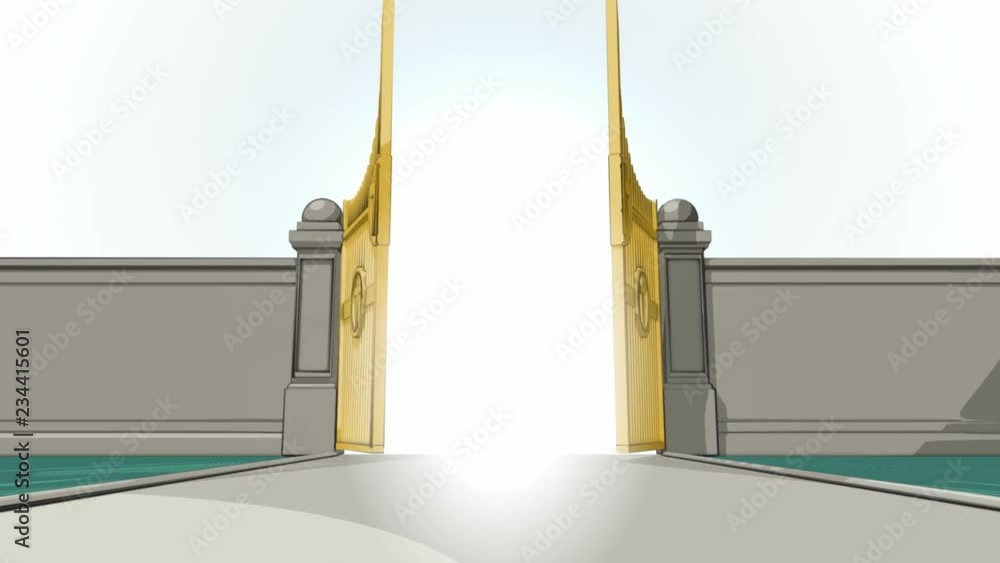 A cartoon vector animation of heavens golden gates opening to an ...