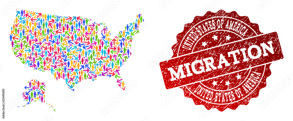 People migration traffic combination of mosaic map of USA and Alaska ...
