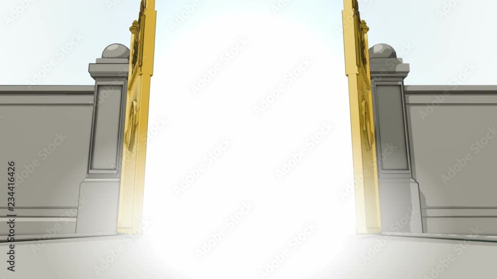 A cartoon vector animation of heavens golden gates opening to an ...