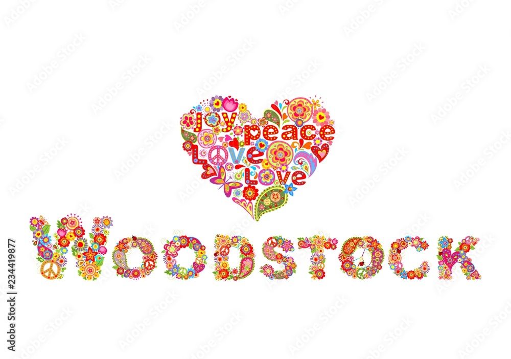 Colorful Woodstock flowers lettering and hippie heart shape for t shirt ...