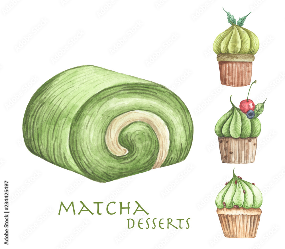 Set of Matcha desserts, Roll cake and Cupcakes isolated on white ...