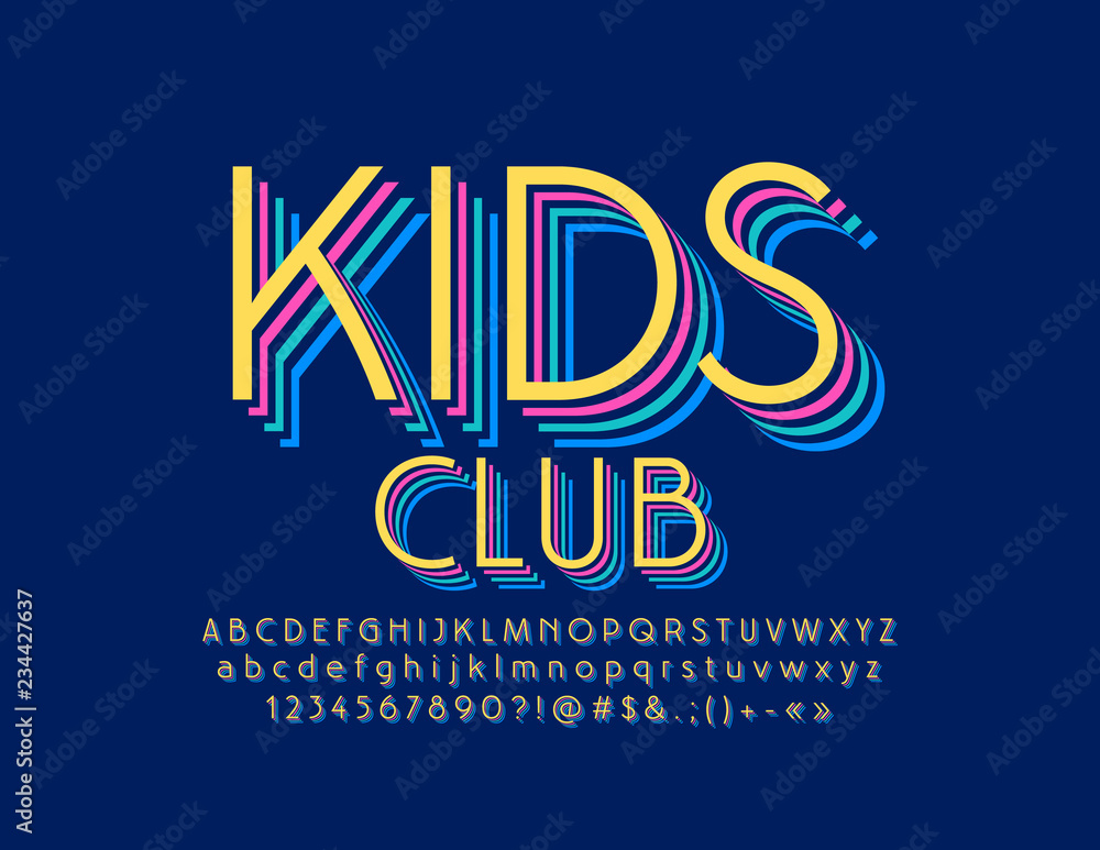 Vector bright Logo Kids Club with Font. Children cute Alphabet Letters ...