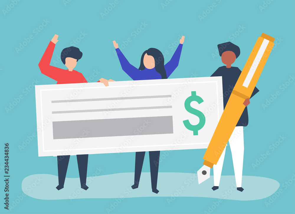 People with a cheque and a pen Stock Vector | Adobe Stock