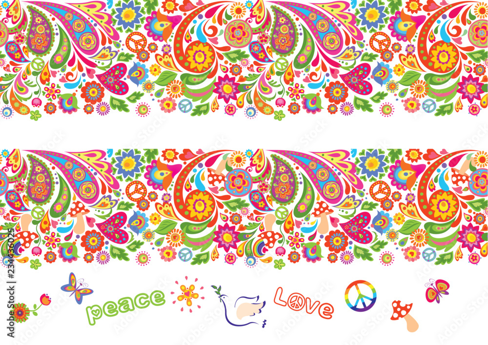 Vivid floral colorful seamless borders with hippie symbol, flower-power ...
