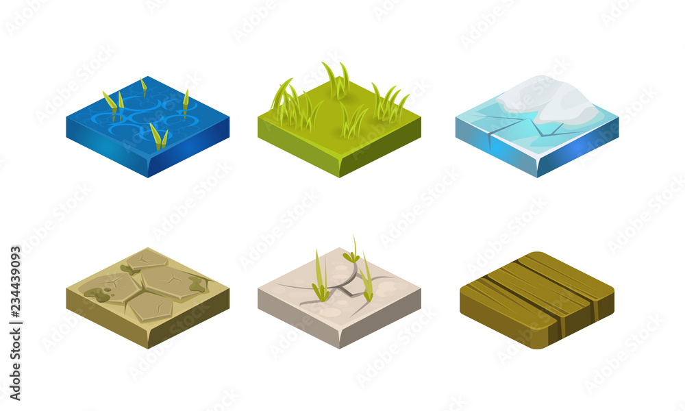 Platforms of different ground textures set, water, stone, ice, grass ...
