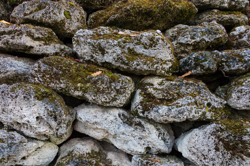 Wall of natural stone bricks with green moss. Stonewall close-up photo ...