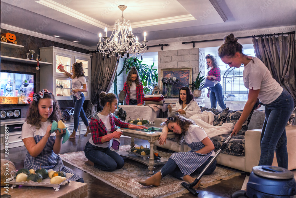 Housework, cleaning the apartment; help of the child to the mother at ...