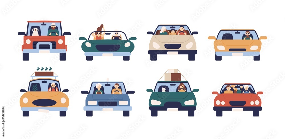 Collection of funny people driving cars isolated on white background ...