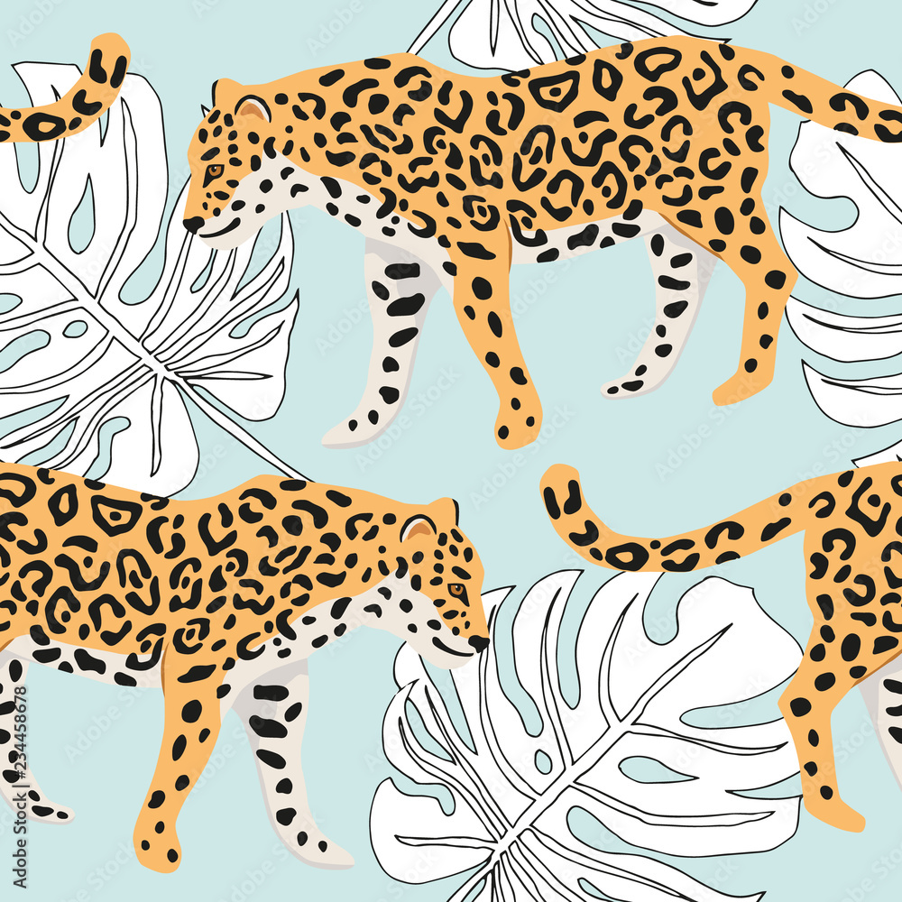Tropical leopard animal, monstera palm leaves, light blue background ...