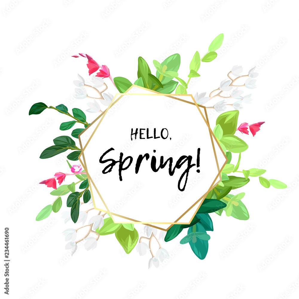 Floral spring design with white may flowers, green leaves, eucaliptus ...