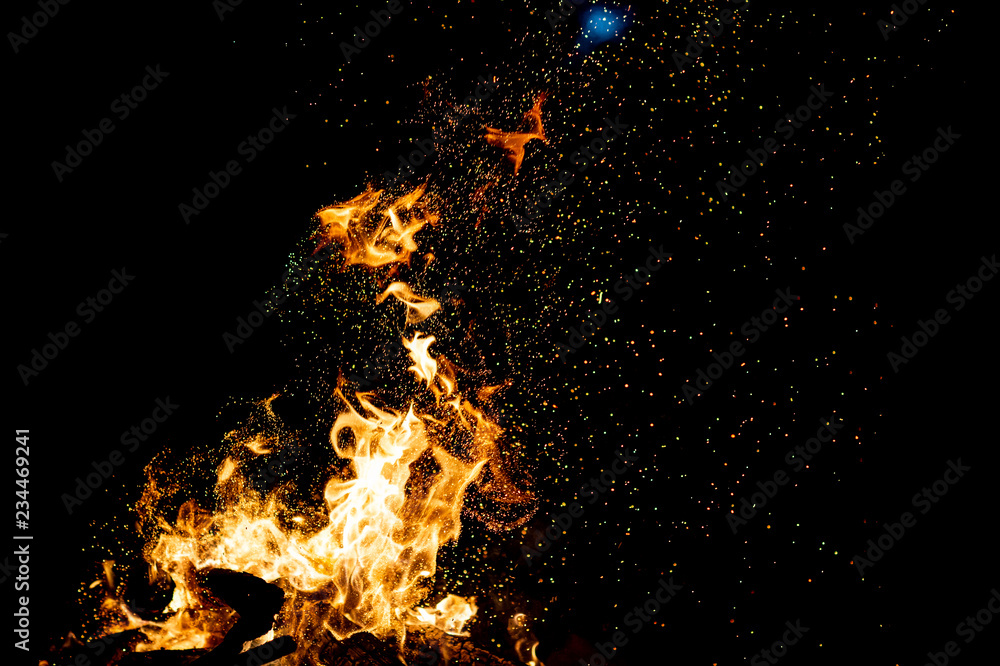 Burning woods with firesparks, flame and smoke. Strange weird odd ...