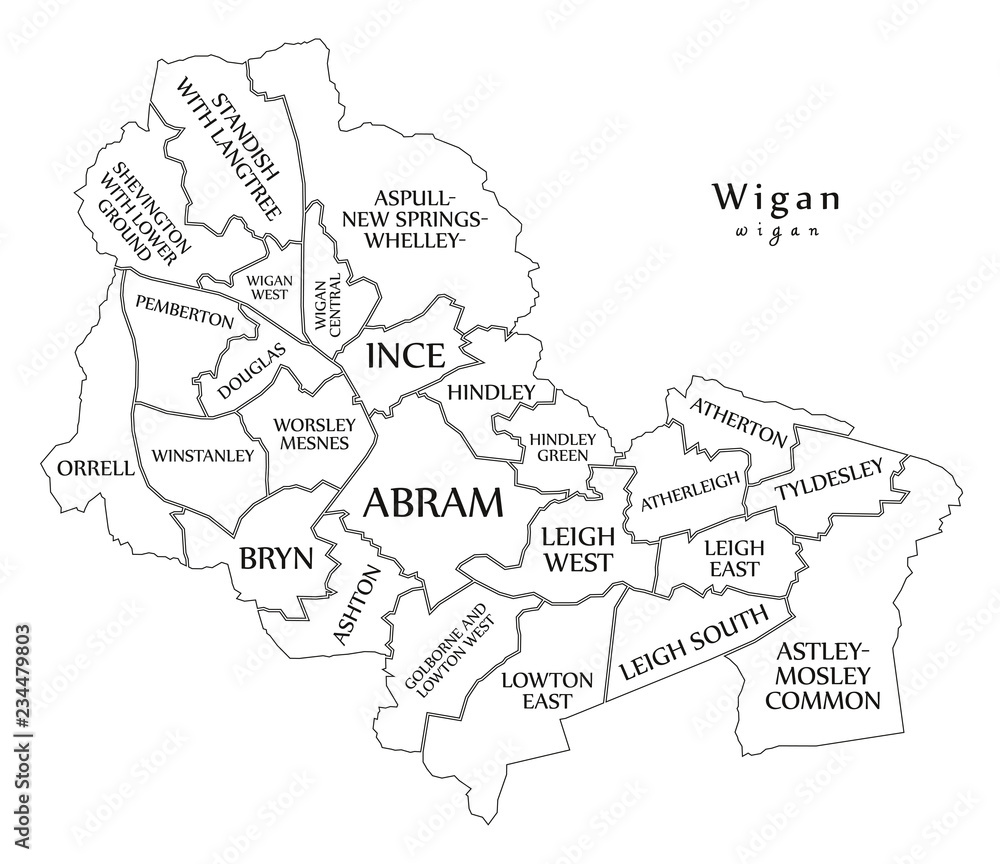 Modern City Map - Wigan city of England with wards and titles UK ...