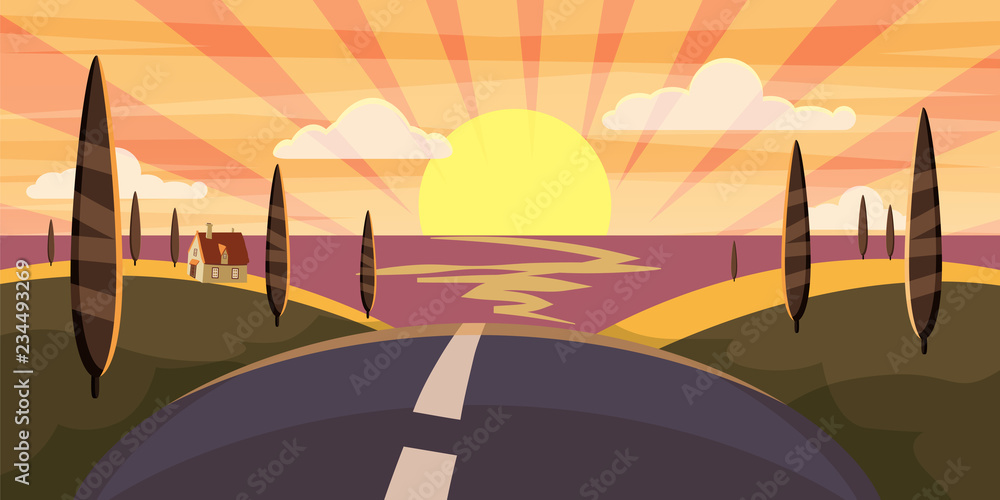 Cartoon landscape with road, higway and sunset summer, sea, sun, trees ...