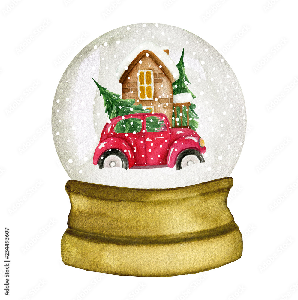 Snow globe with red car. Watercolor hand drawn Stock Illustration ...