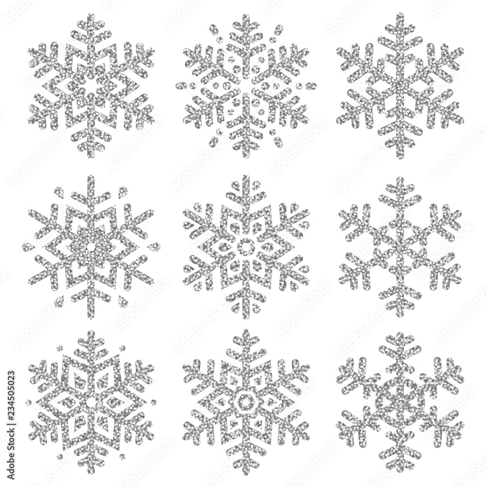 Set of silver glittering snowflakes over white backgrounds, vector ...