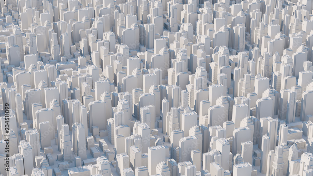 3d abstract city rendered with long focal length camera. City with ...