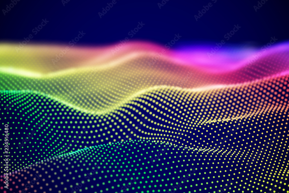Abstract digital landscape or soundwaves with flowing particles. Big ...
