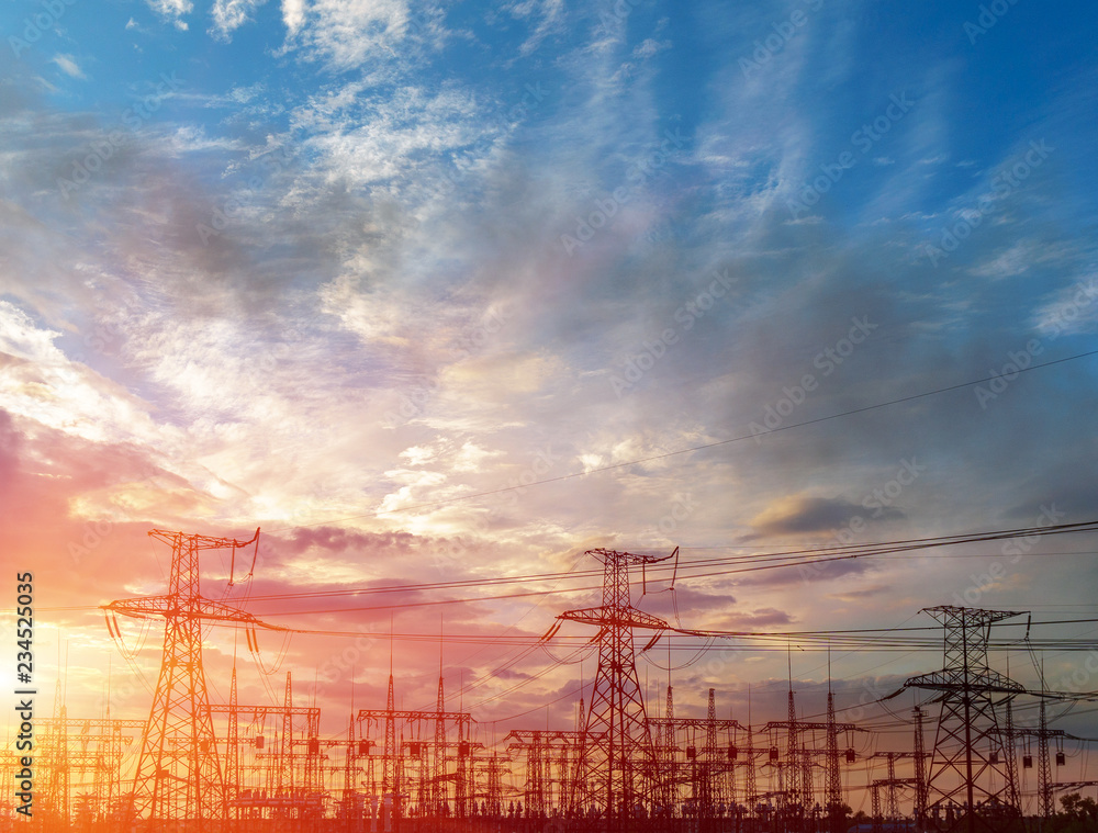 High-voltage power lines. Electricity distribution station. high ...