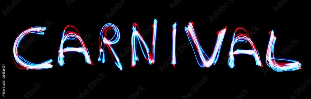 Blue neon sign of carnival or festive greetings. blue light image, long ...