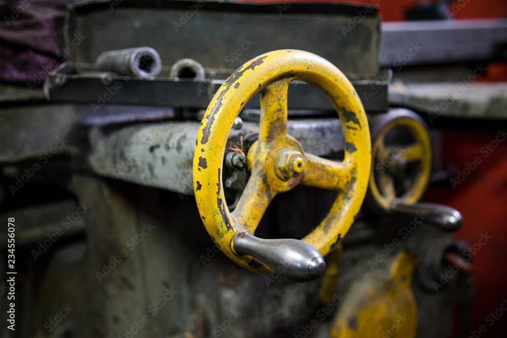 Lever-wheel at the lathe. Fragment of the lathe in the workplace Stock ...