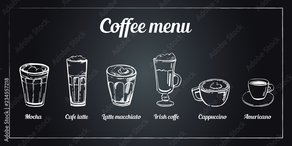 Coffee menu set. Hand drawn vector sketch of different types of coffee ...