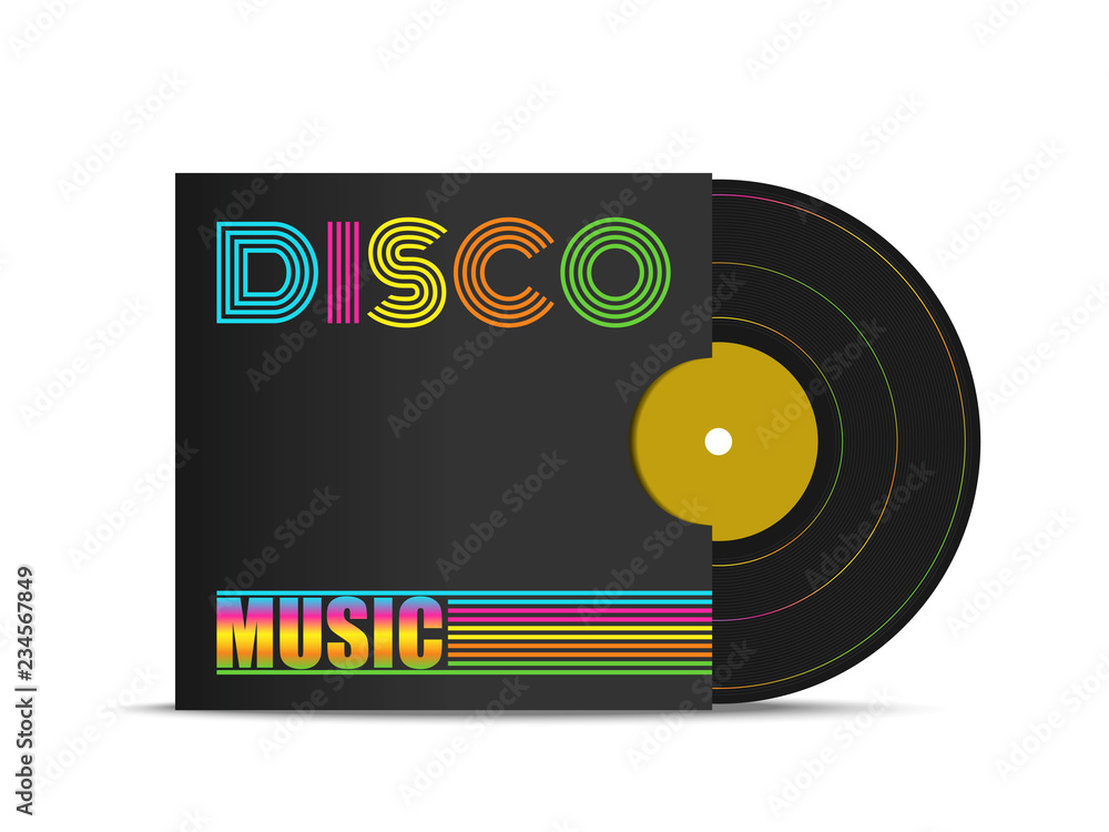 Realistic 3d black vinyl record mockup in black cover with colorful ...