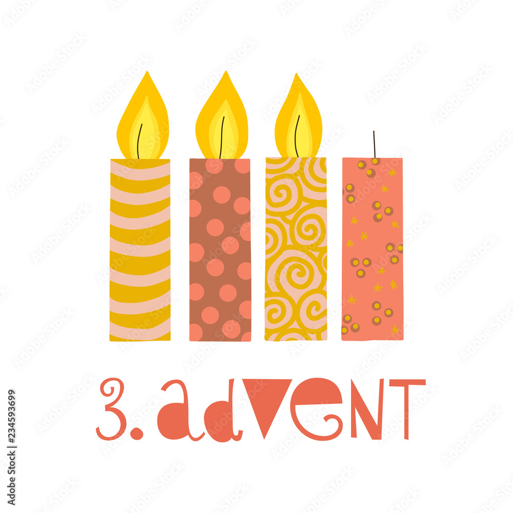 Three burning advent candles vector illustration. Third sunday in ...