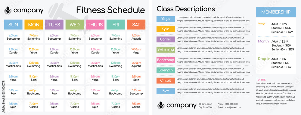 Daily and Weekly Schedule for Classes at a Fitness Club Gym / Setup for ...