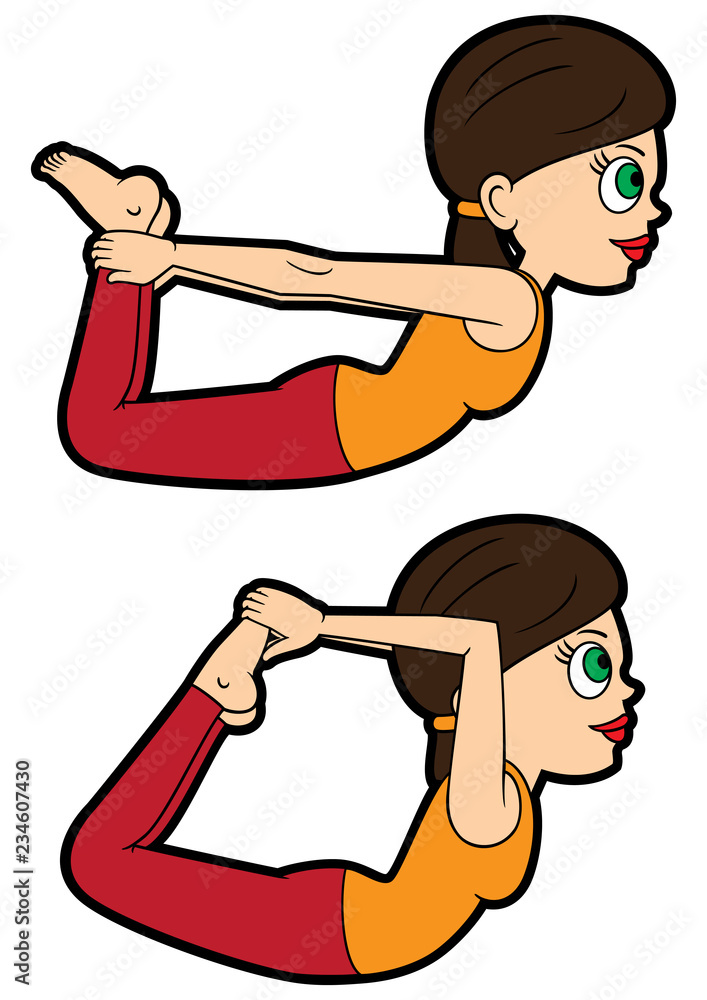 Yoga asana set bow pose/ Illustration cartoon girl doing dhanurasana ...