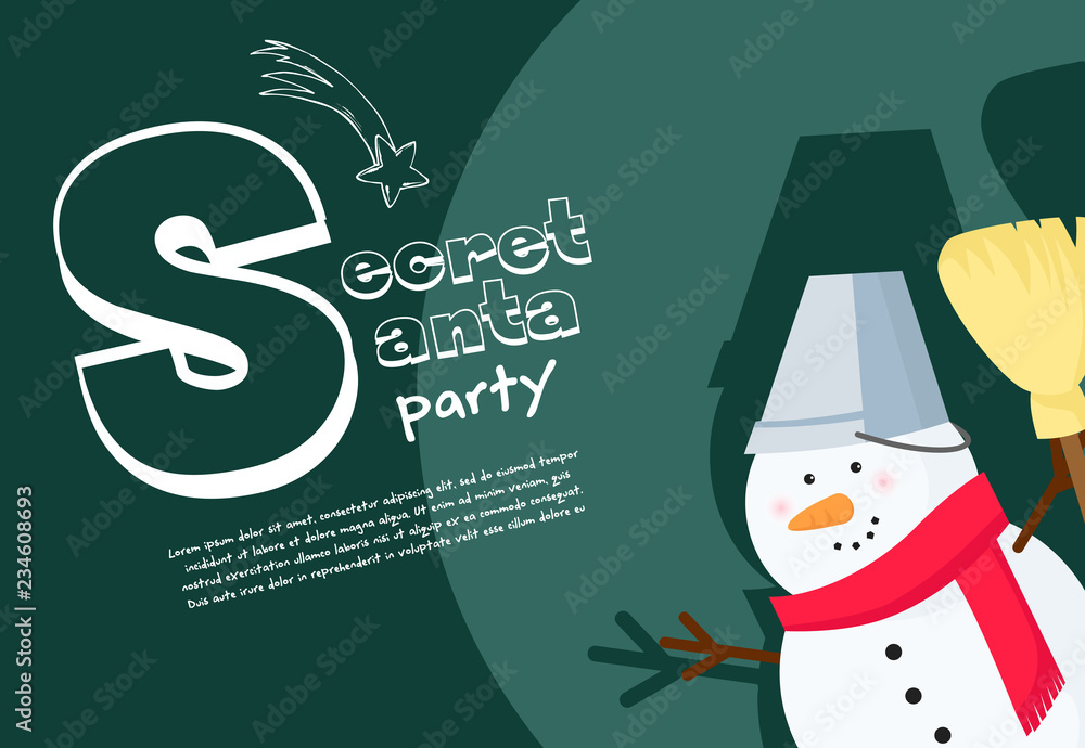 Secret Santa party banner design with cute snowman in bucket on head ...