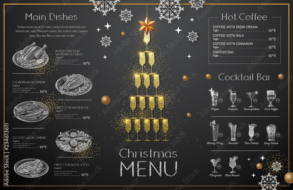 Christmas menu design with golden champagne glasses. Restaurant menu ...