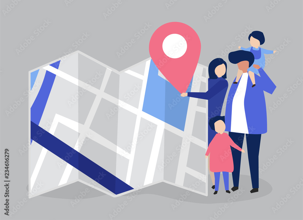 Characters of family with a map and GPS marker illustration Stock ...