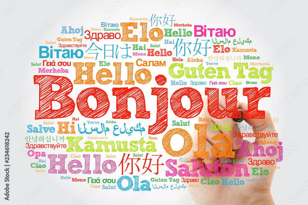 Bonjour (Hello Greeting in French) word cloud in different languages of ...