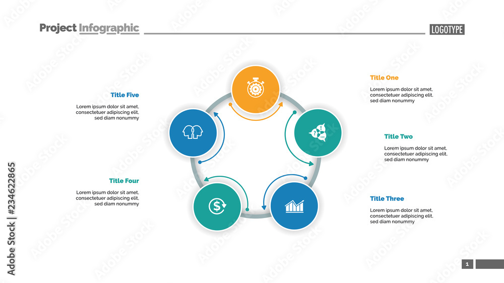 Five circles process chart slide template. Business data. Option ...
