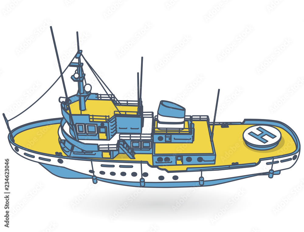 Research ship, marine exploration boat for scientists. Outlined rescue ...