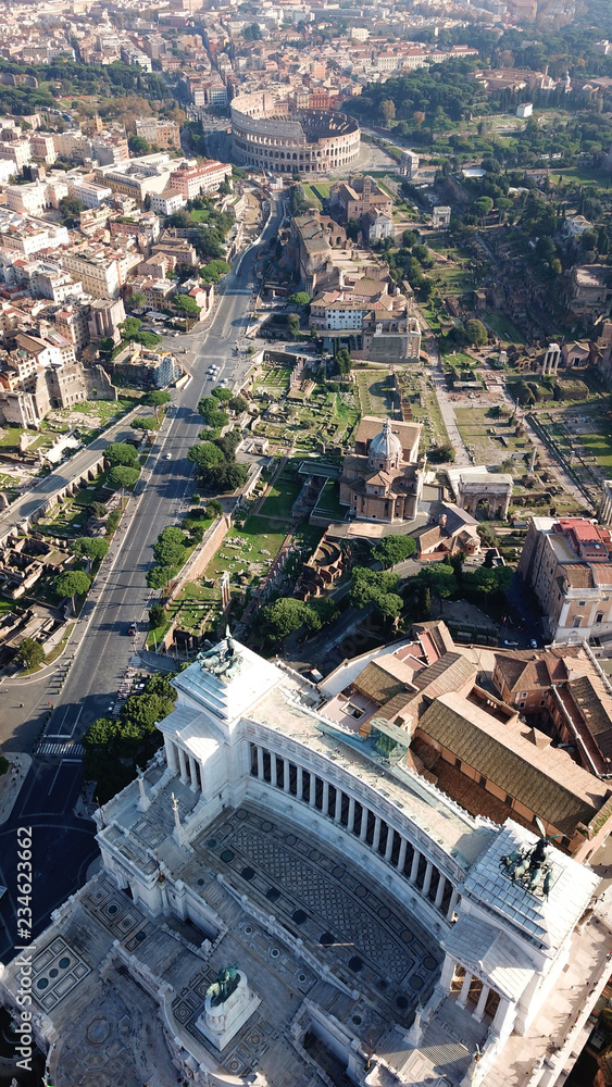 Aerial drone view of iconic and beautiful ancient Arena of Colosseum ...