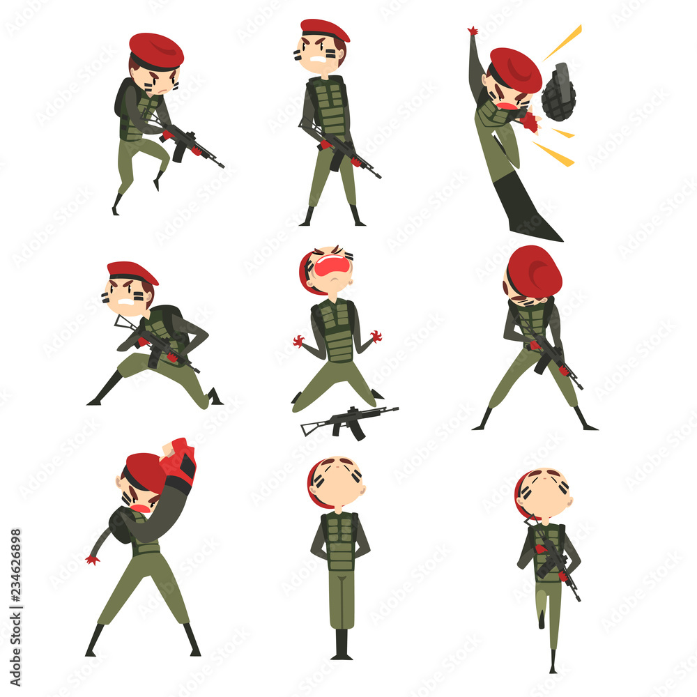 Military man in various actions set, soldier characters in camouflage ...