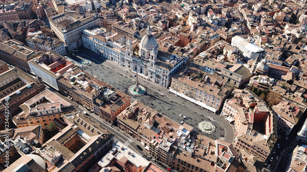 Aerial drone view of iconic landmark Piazza Navona Square featuring ...