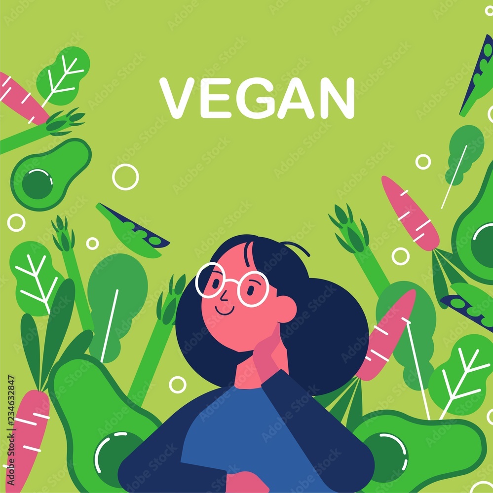Vegan and diet flat vector concept with woman,green vegetables and ...