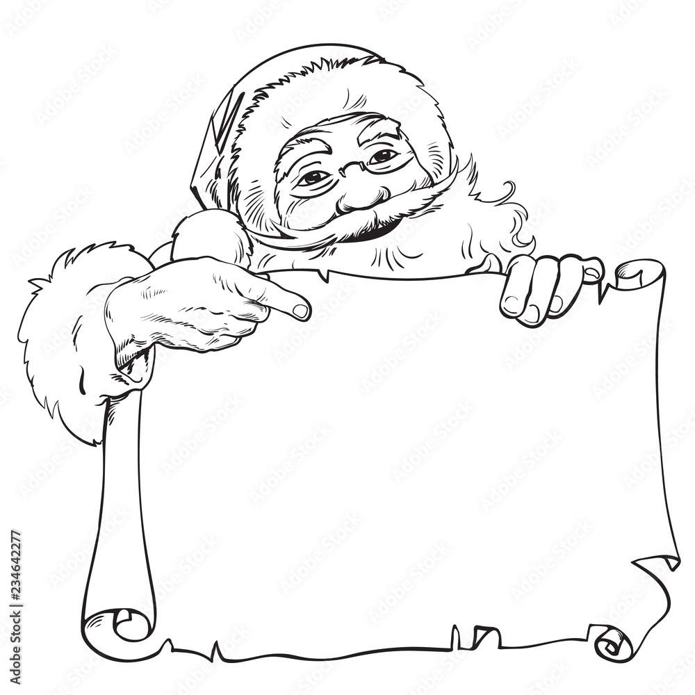 Cartoon Santa Claus pointing to blank, empty scroll with place for text ...